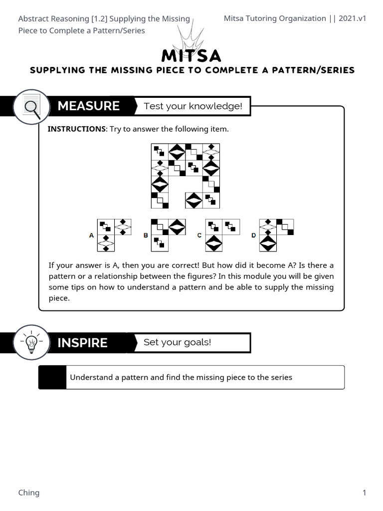 Abstract Reasoning (1.2) Supplying The Missing Piece To Complete A ...