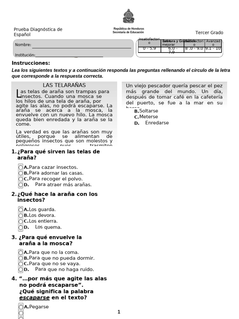 Prueba Diagnóstica de Español 3° Grado | PDF