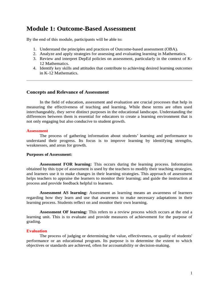 Module 1. Outcome Based Assessment | PDF | Educational Assessment ...