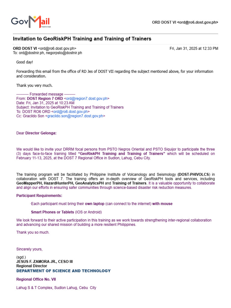 Email - Invitation To GeoRiskPH Training and Training of Trainers | PDF ...