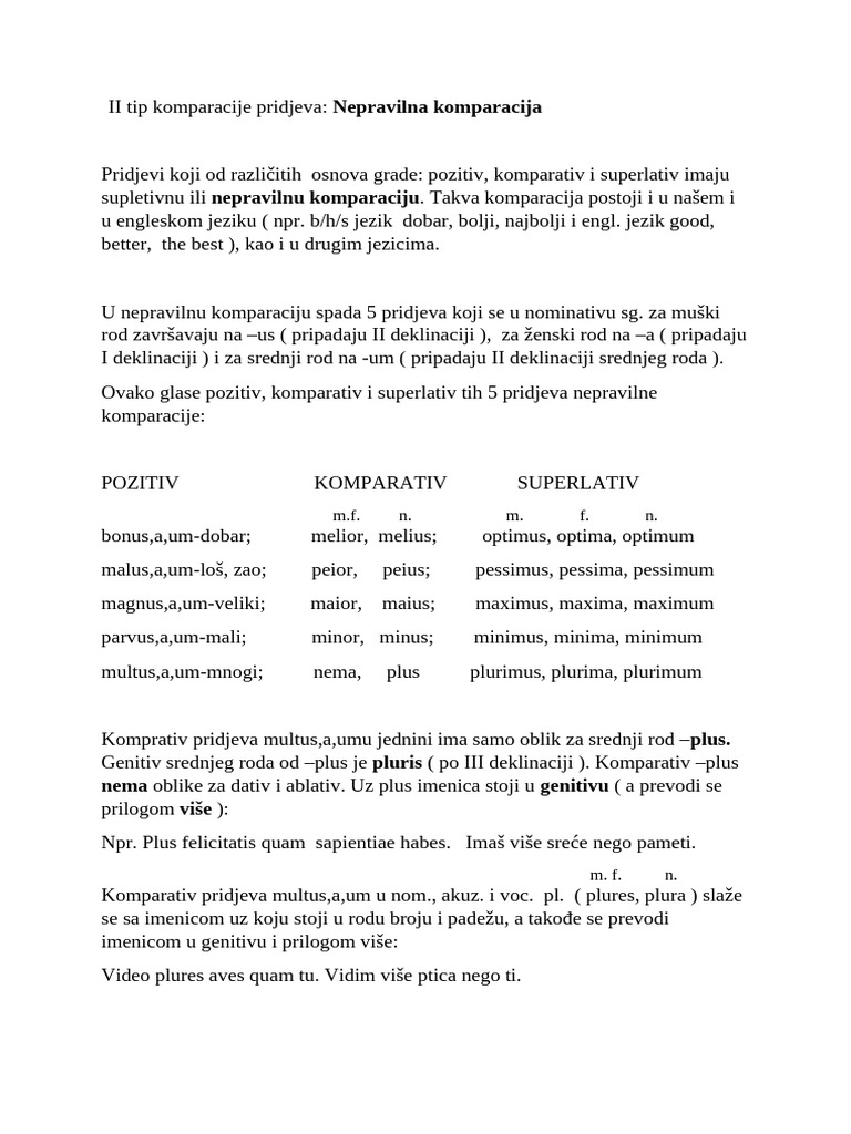 Nepravilna, Opisna I Nepotpuna Komparacija | PDF