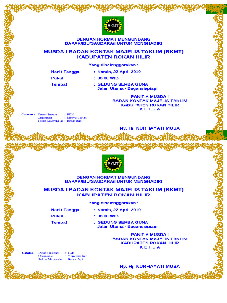 Undangan Musda I BKMT Rokan Hilir | PDF