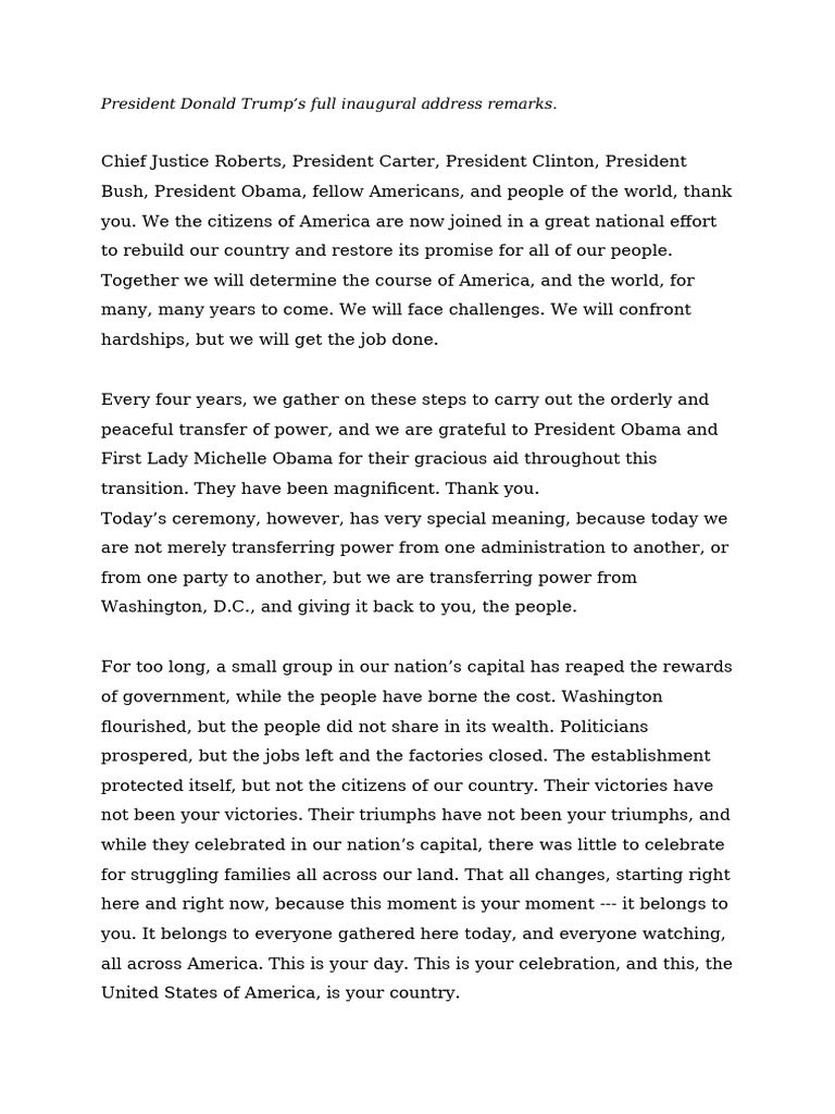 Trump's Inaugural Address Highlights | PDF