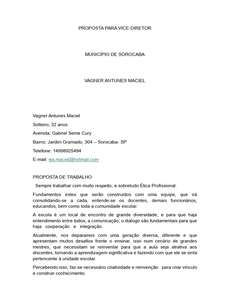 Proposta de Trabalho para Vice Diretor Escolar | PDF | Pedagogia