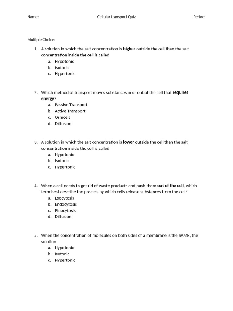 Practice Cell Transport Quiz | PDF | Cell Membrane | Osmosis