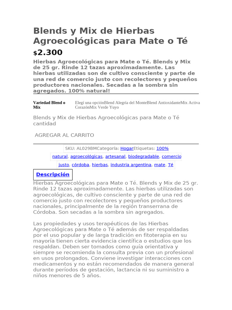 Blends y Mix de Hierbas Agroecológicas para Mate o Té | PDF | Té | Dolor de cabeza