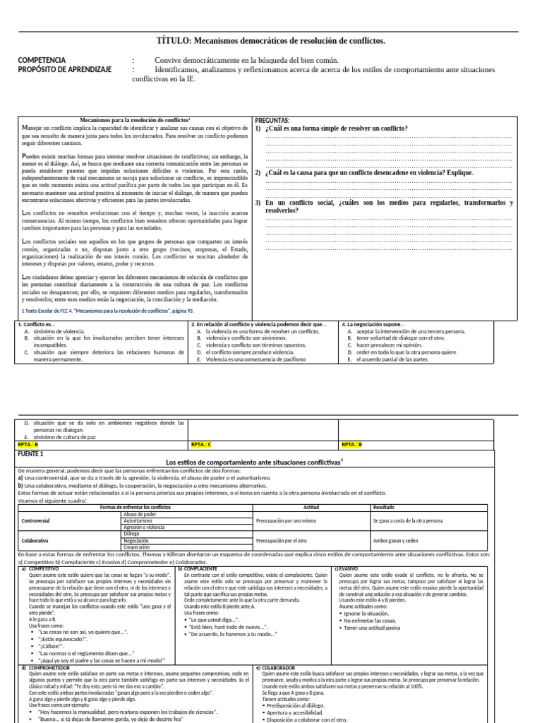Ficha de Aprendizaje D DPCC 5° VII Ciclo | PDF | Conflicto (proceso) | Negociación