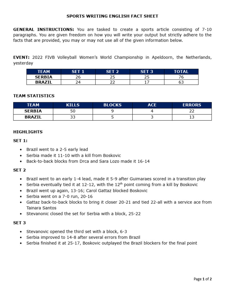 Sports Writing Fact Sheet | PDF | Volleyball | Sports