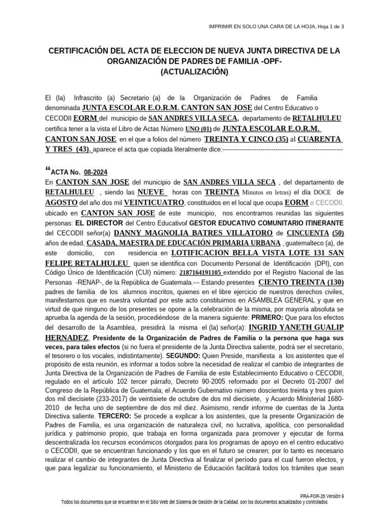 Pra-For-26 - Certificacion - Nueva - Junta Eorm Canton San Jose | PDF | Guatemala | Gobierno