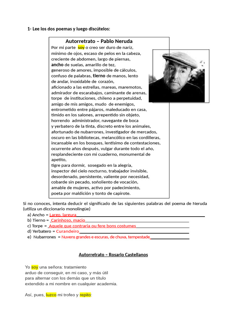 Análisis de "Autorretrato" de Neruda y Castellanos | PDF