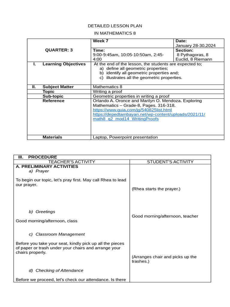 Detailed Lesson Plan - Geometric Properties | PDF | Angle | Euclid
