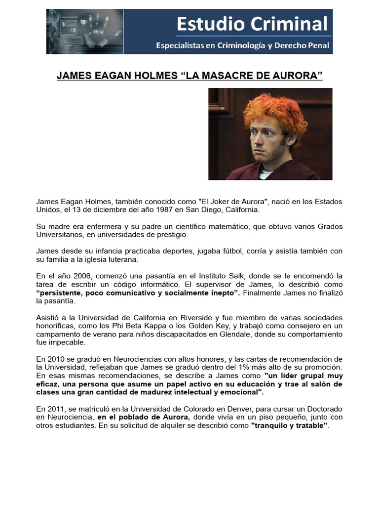 Psicotico Desorganizado James Eagan Holmes La Masacre de Aurora | PDF