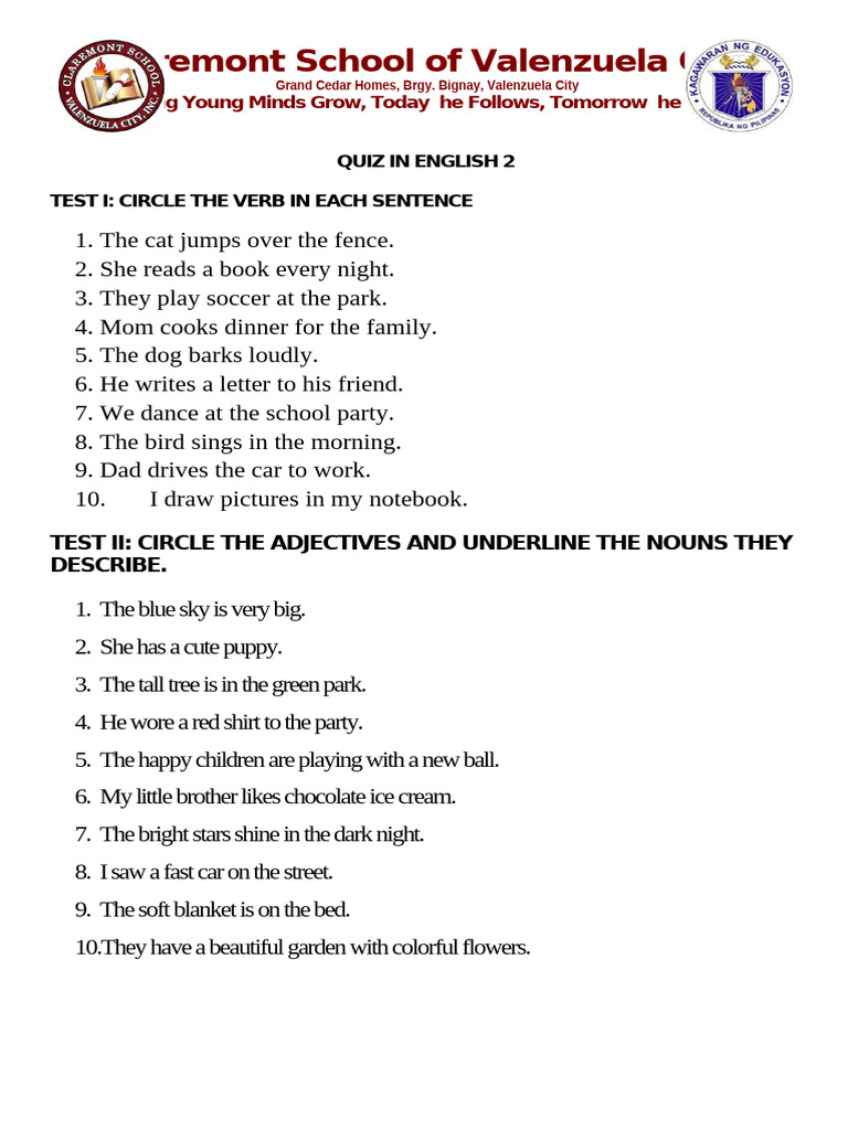 English 2 Quiz: Verbs and Adjectives | PDF