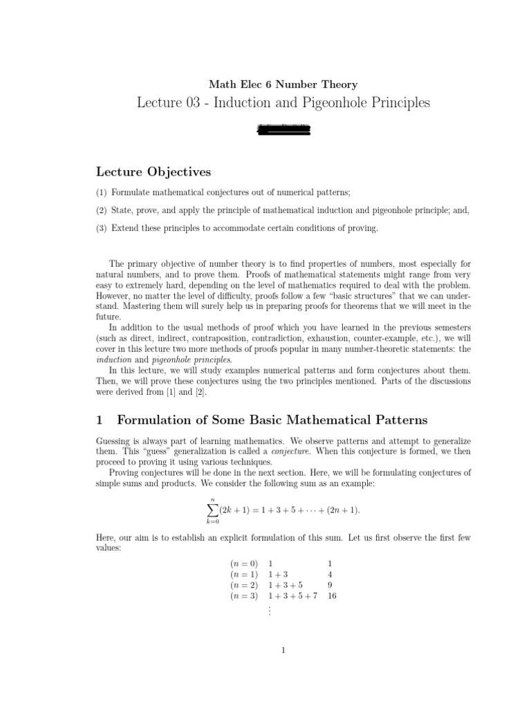 (Number Theory) Lecture 03 - Induction and Pigeonhole Principles | PDF | Mathematical Proof ...