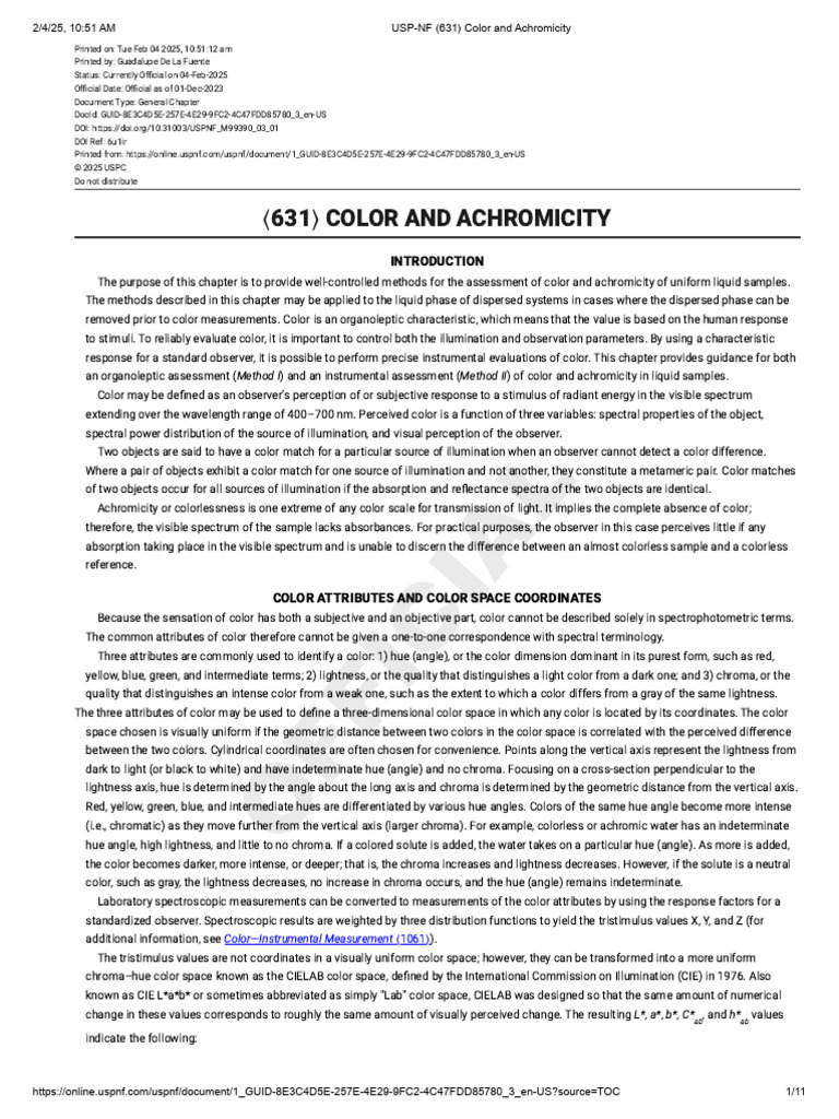 USP-NF 〈631〉 Color and Achromicity | PDF | Color | Vision