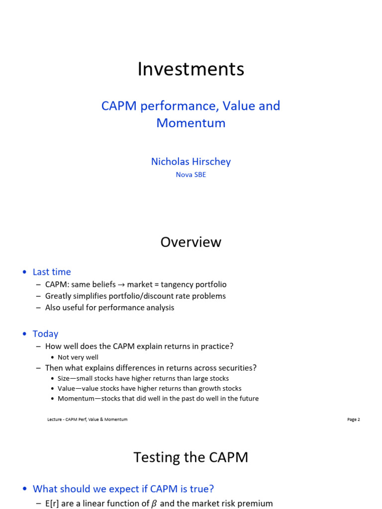 Lecture 09 CAPM Perf Value Momentum | PDF | Capital Asset Pricing Model | Beta (Finance)