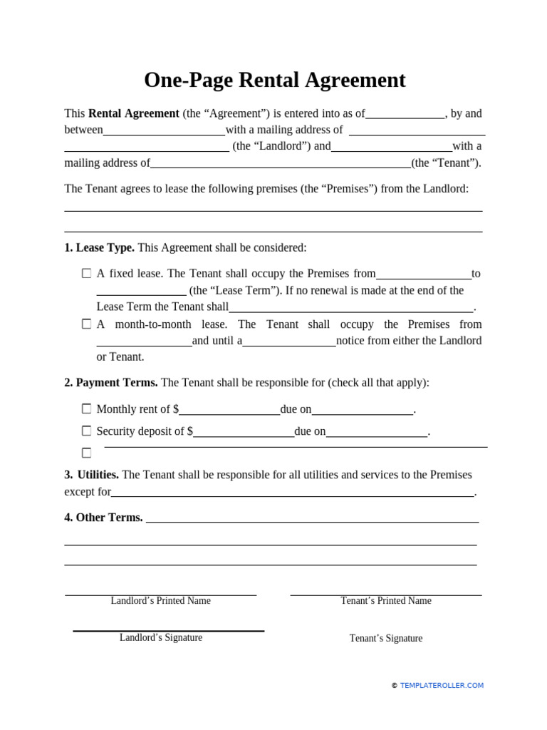 Main - One Page Rental Agreement Template | PDF