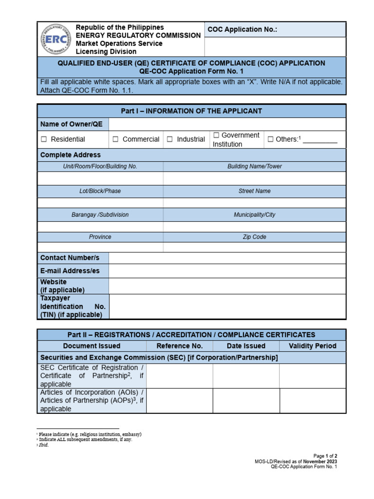 QE-COC Application Form No.1 - Vernov2023 | PDF