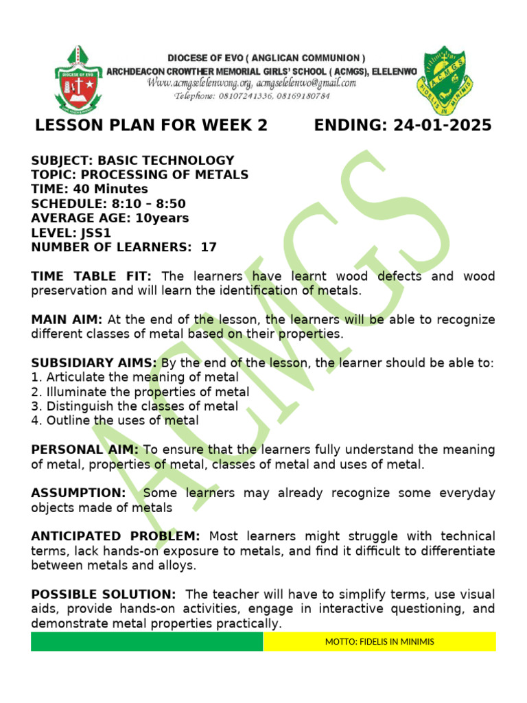JSS1 Basic Tech Lesson Plan Week 2 | PDF | Metals | Steel