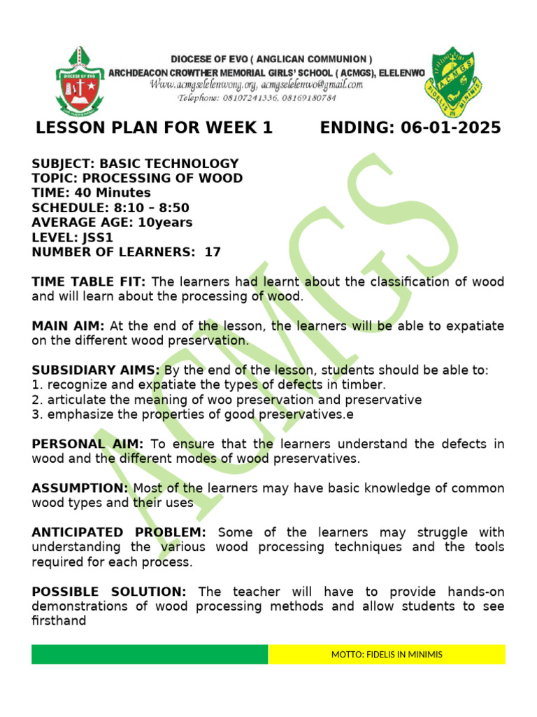 JSS1 Basic Tech Lesson Plan Week 1 | PDF | Wood | Materials