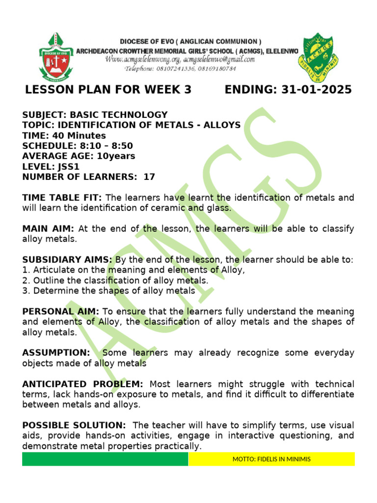JSS1 Basic Tech Lesson Plan Week 3 | PDF | Steel | Metals