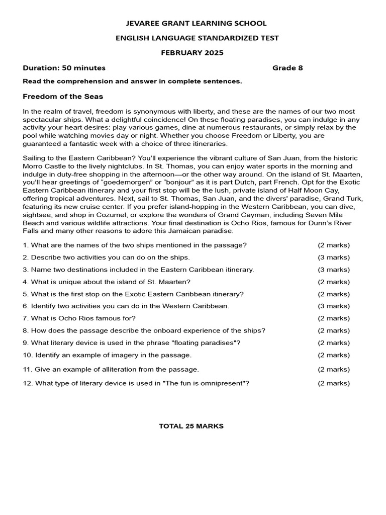 Grade 8 English Test: Freedom of the Seas | PDF
