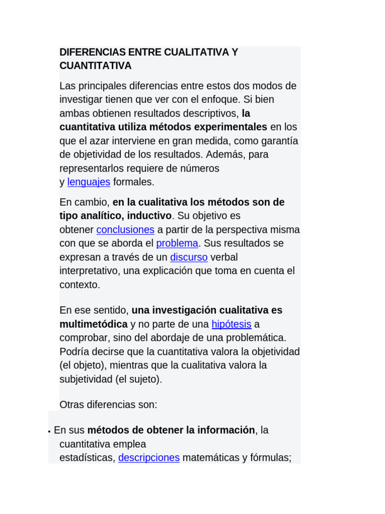 Diferencias entre cualitativa y cuantitativa | PDF | Investigación cuantitativa | Estadísticas