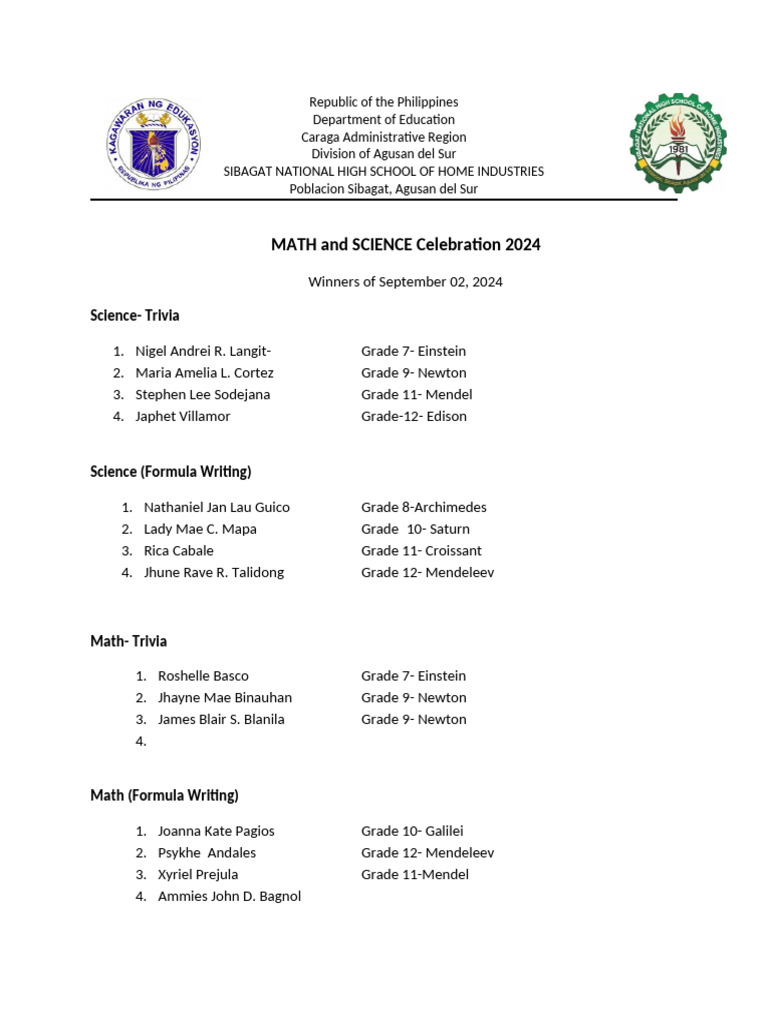 Math and Science (Trivia&Formula Writing) Winner | PDF