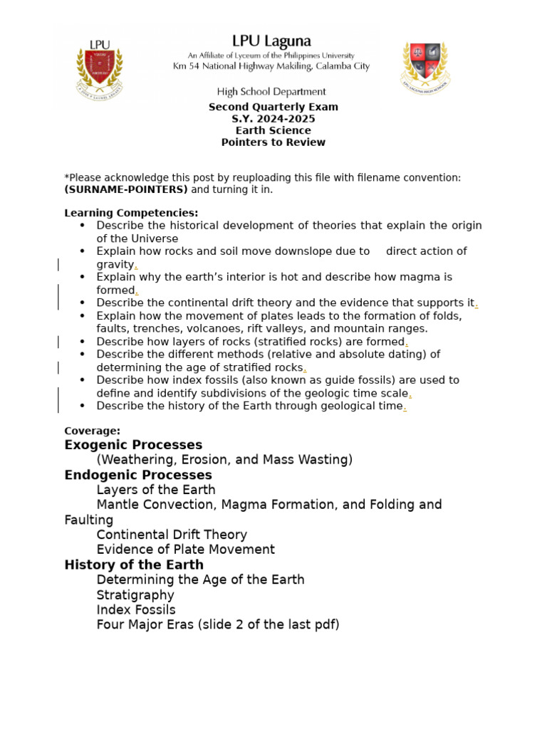 EARTHSCI 2Q Pointers To Review | PDF | Geology | Plate Tectonics