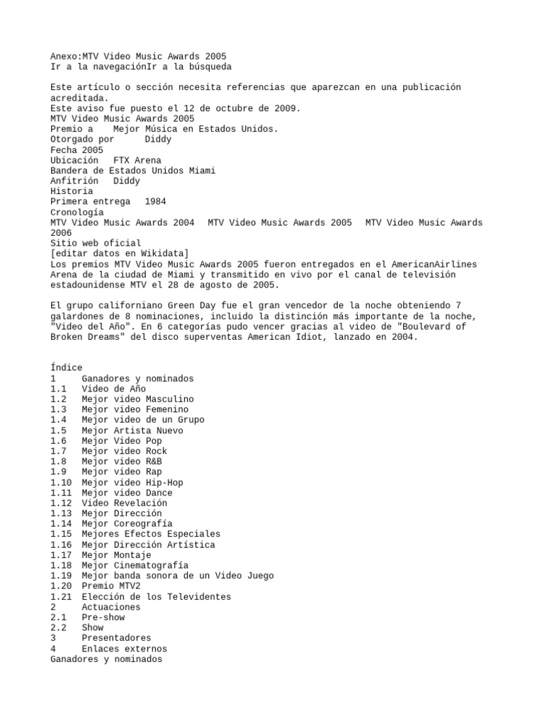 Anexo MTV Video Music Awards 2005 | PDF | Wikipedia | Grabación de sonido
