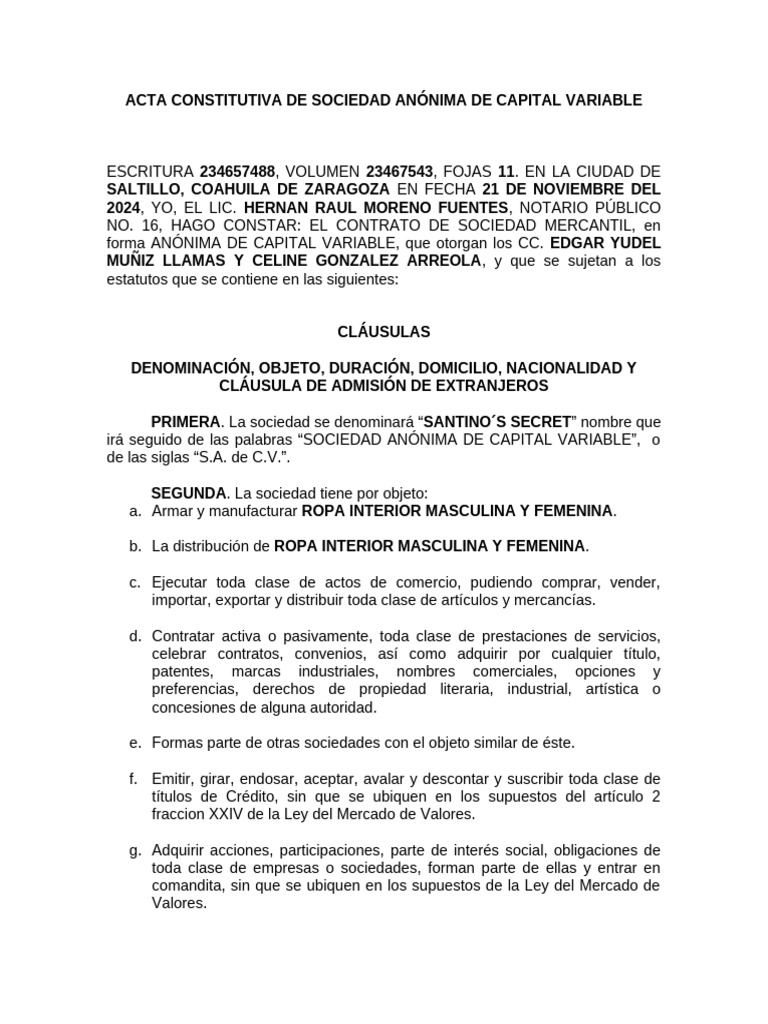 Acta Constitutiva de Sociedad Anonima de Capital Variable | PDF | Sociedad de responsabilidad ...
