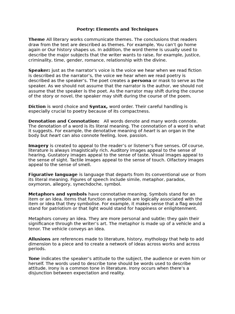 Poetry Elements and Techniques | PDF | Poetry | Senses