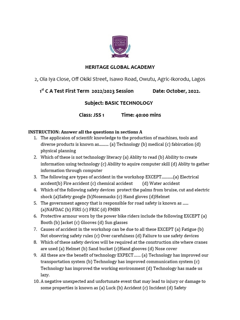 Basic Tech Jss 1 Ist CA Test First Term 2022 | PDF | Glove
