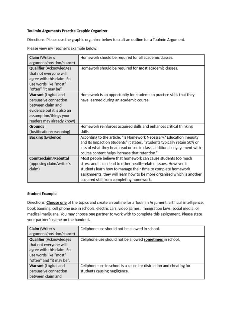 Toulmin Argument Practice Graphic Organizer Mixed Mode | PDF | Homework ...