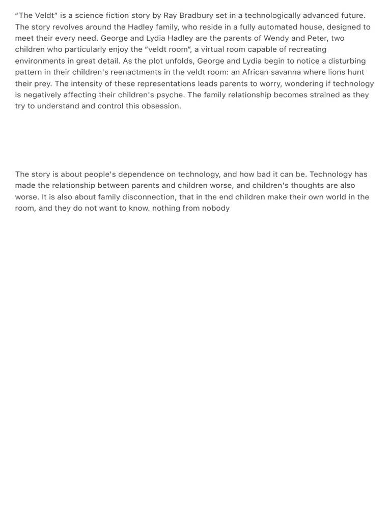 “the Veldt” is a Science Fiction Story by Ray Bradbury Set in a ...