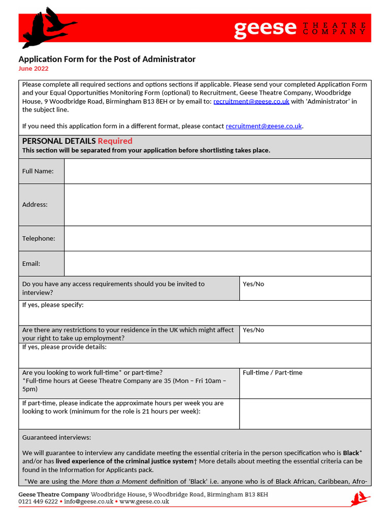 Geese Theatre Company Administrator Application Form June2022 FINAL | PDF