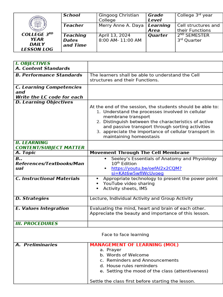 Lesson Plan For Anaphy Ann | PDF | Osmosis | Cell Membrane