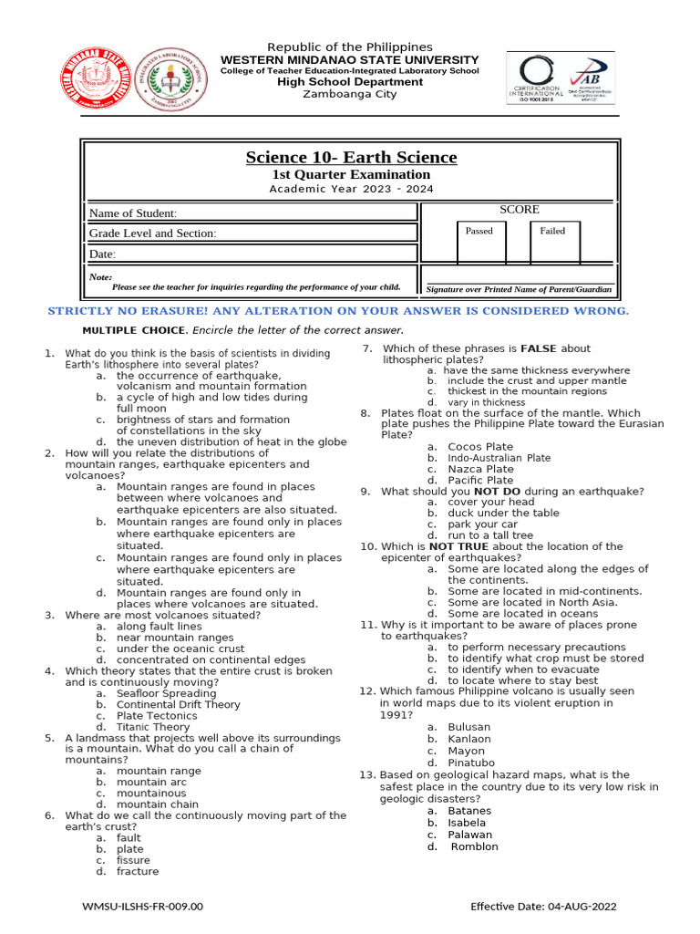 Science 10 1st Quarter Exam 2023 2024 | PDF | Plate Tectonics | Volcano