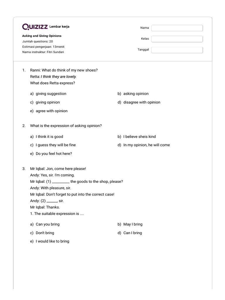 Asking and Giving Opinions Worksheet | PDF
