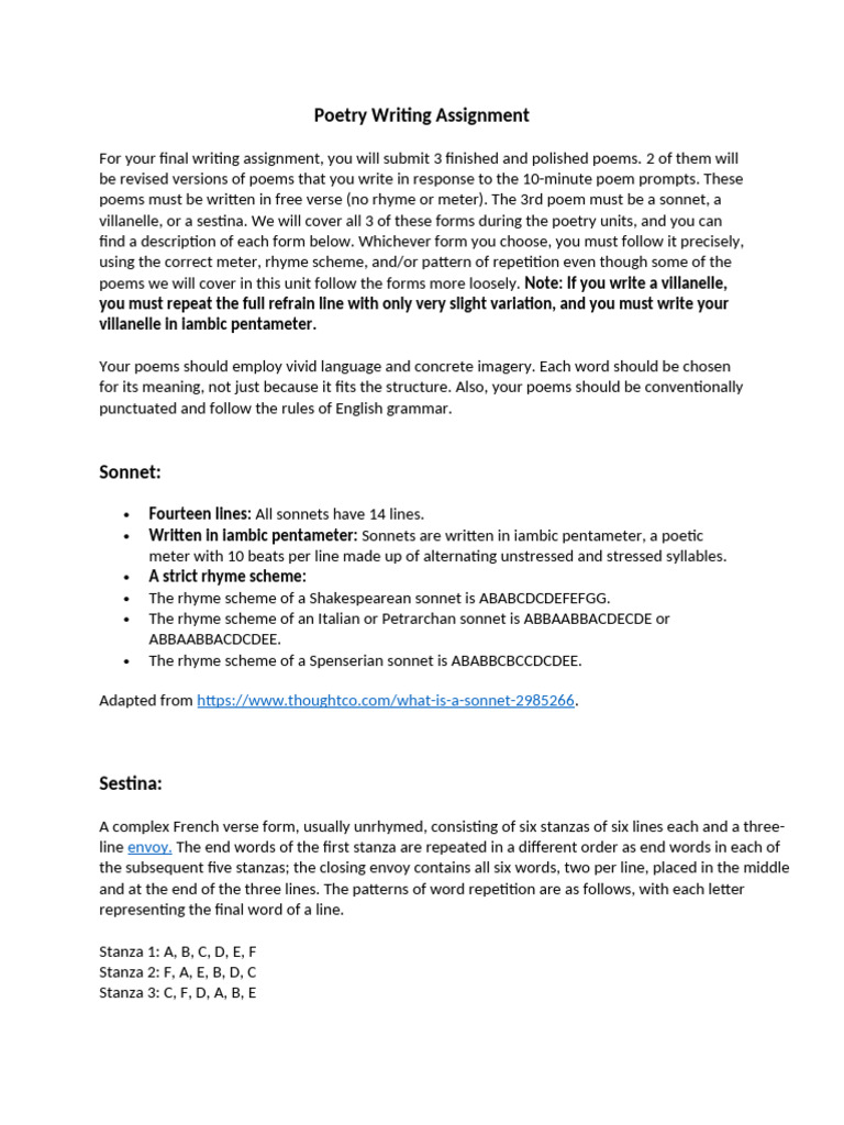 Poetry Writing Assignment A | PDF | Poetry | Metre (Poetry)