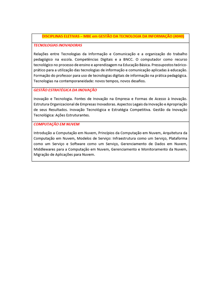 Mini_Ementas_Ava_DISCIPLINAS_ELETIVAS_MBE_em_Gestao_da_Tecnologia_da_Informacao_A1 | PDF