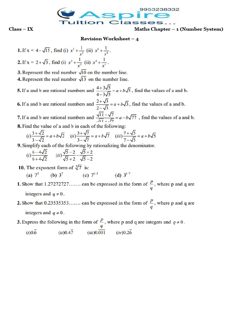 ATC_CLASS_IX_MATHS_ASSIGNMENT_ch-1Rationalisation 2 | PDF