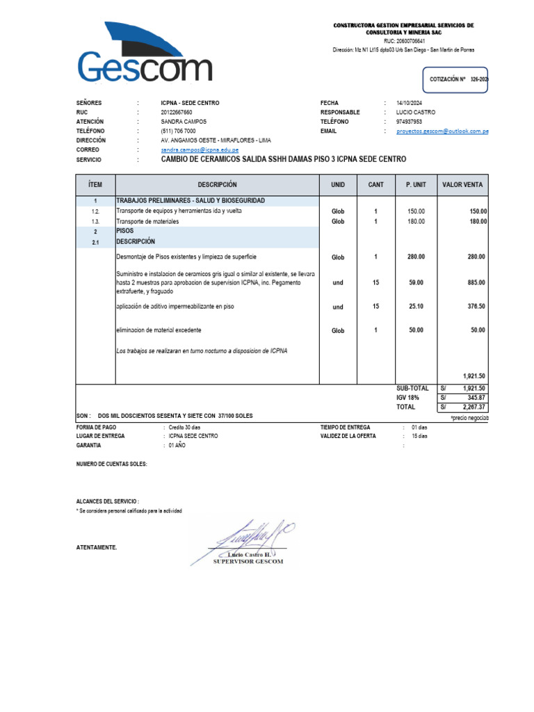 Gescom Cambio Seramicos 3er Piso Icpna LC | PDF