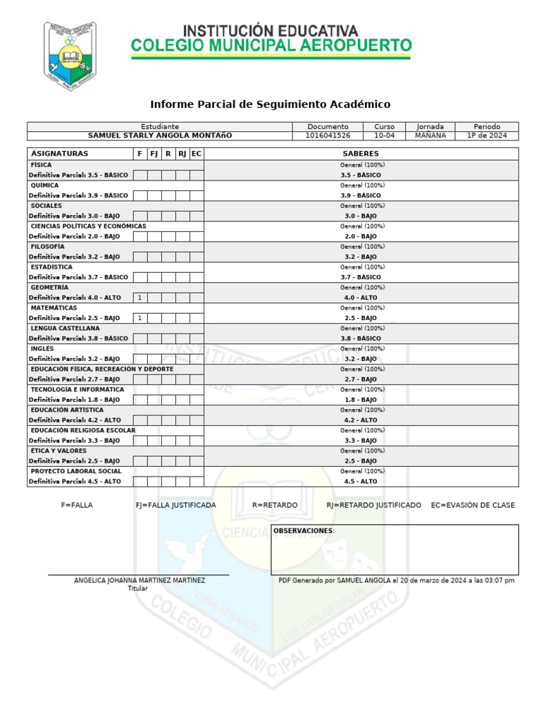 Informe Parcial de Seguimiento Acadmico | PDF | Science