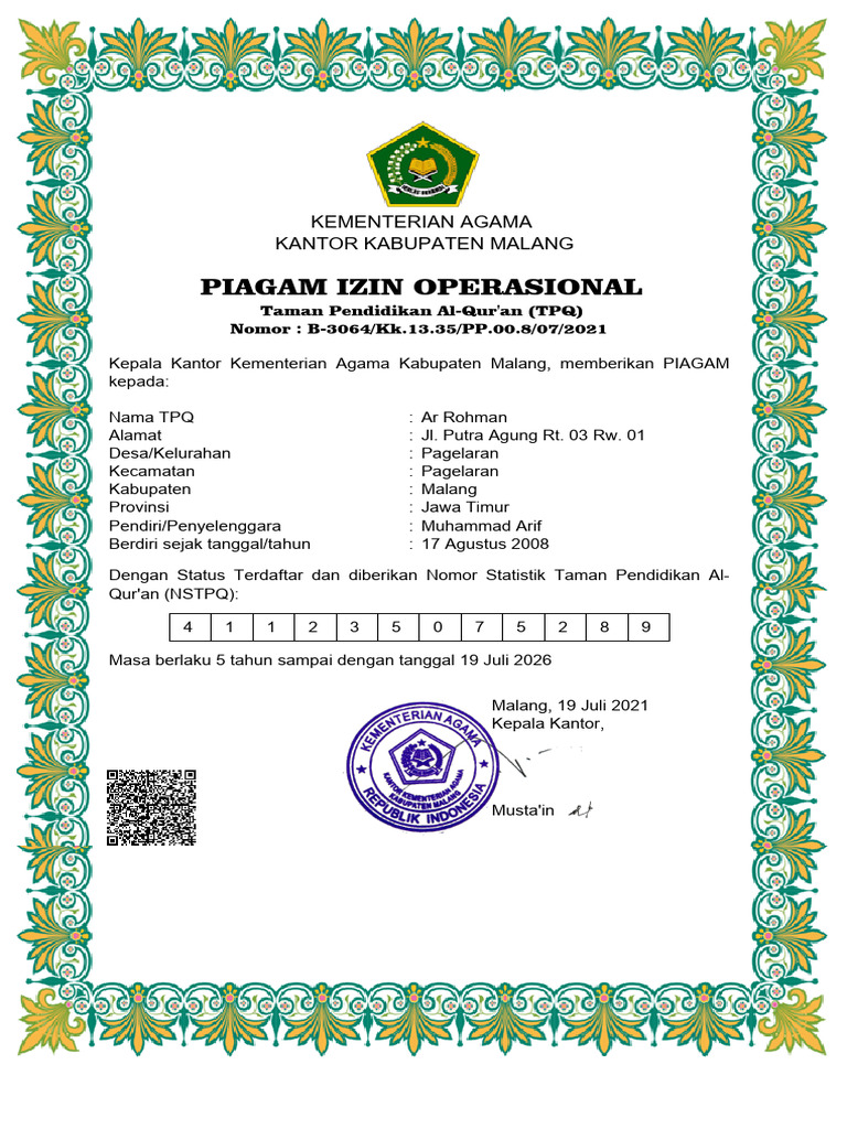 Piagam tpq arrohman | PDF