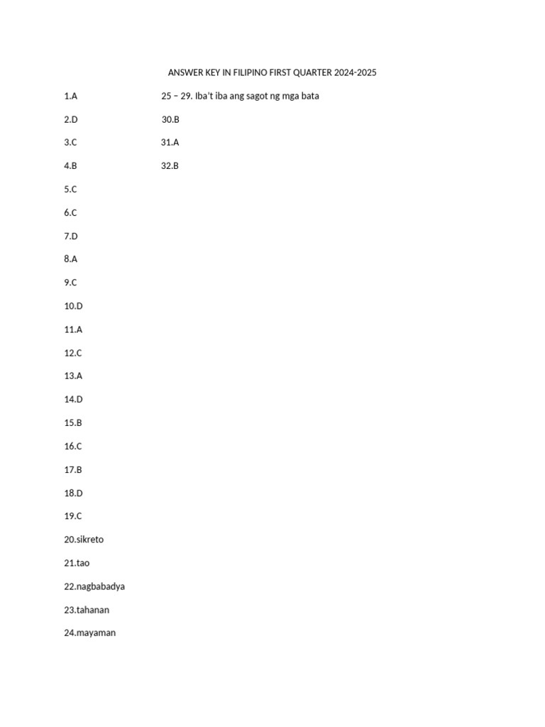 Answer Key in Filipino First Quarter 2024 | PDF