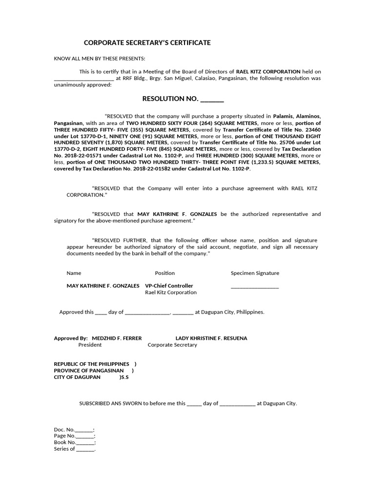 Corporate Secretary's Certificate for Property Purchase | PDF