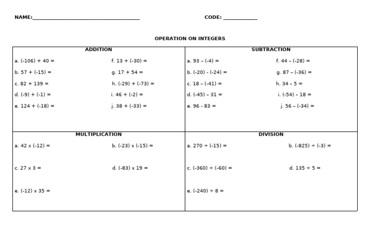 Integer Operations Practice Worksheet | PDF