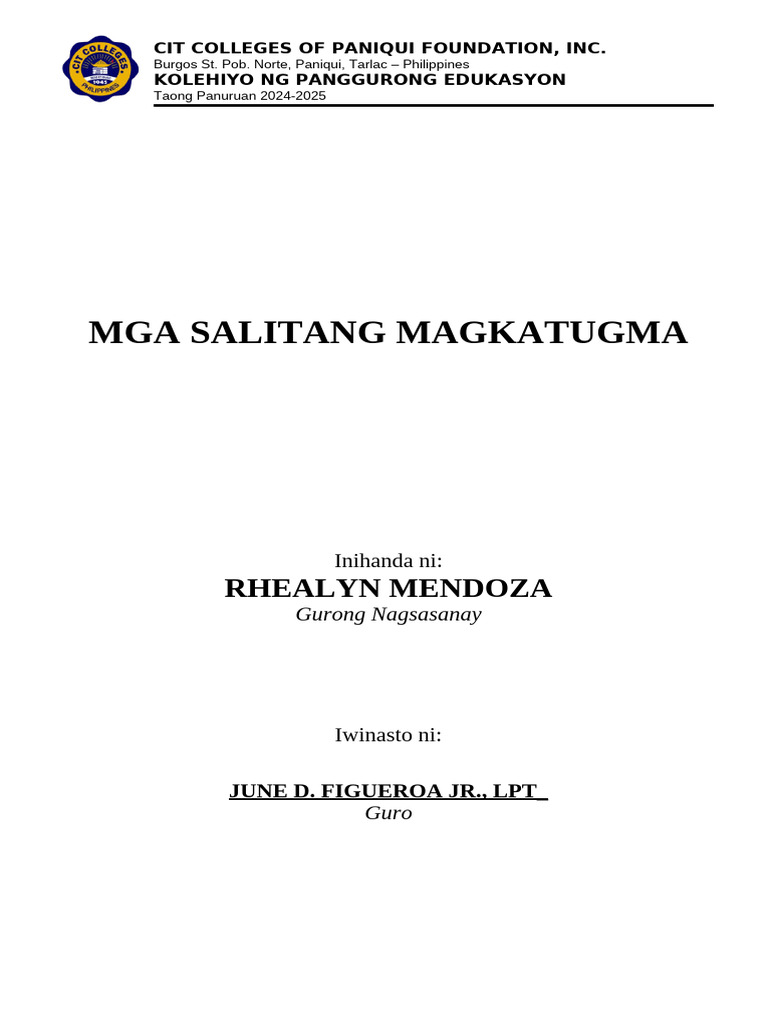 DLP Salitang Magkakatugma. Rhea - 063029 | PDF