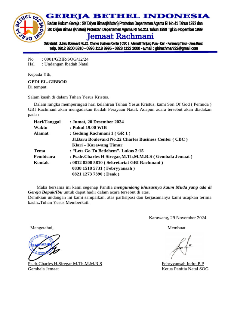 Undangan Natal Sog 2024, Gpdi El-Gibbor-1 | PDF
